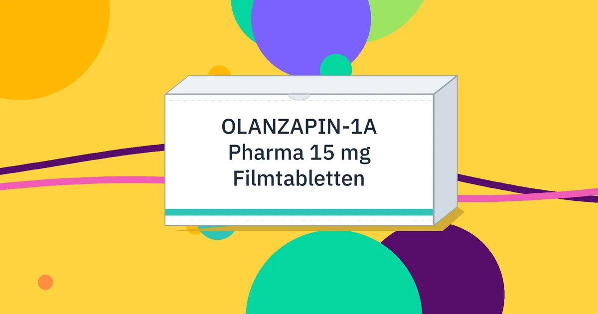 Symbolbild: Packung mit der Aufschrift OLANZAPIN-1A Pharma 15 mg Filmtabletten (PZN 09064119) – Verfügbarkeit und Bezug in Apotheken in Frankfurt am Main