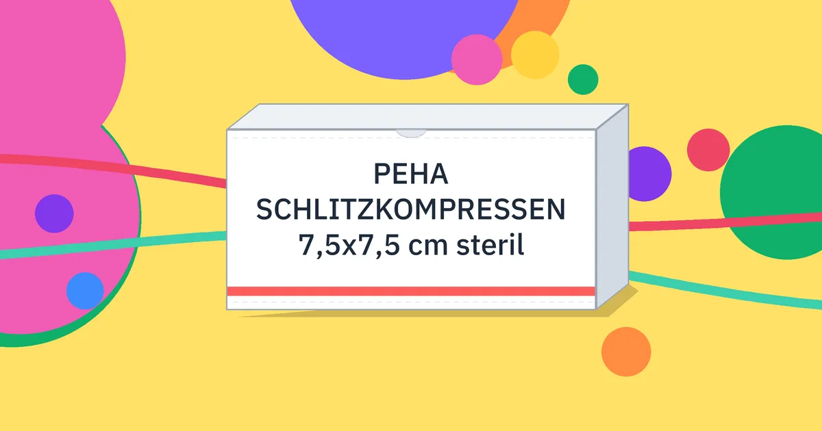 Symbolbild: Packung mit der Aufschrift PEHA SCHLITZKOMPRESSEN 7,5x7,5 cm steril (PZN 19360758) – Verfügbarkeit und Bezug in Apotheken in Frankfurt am Main