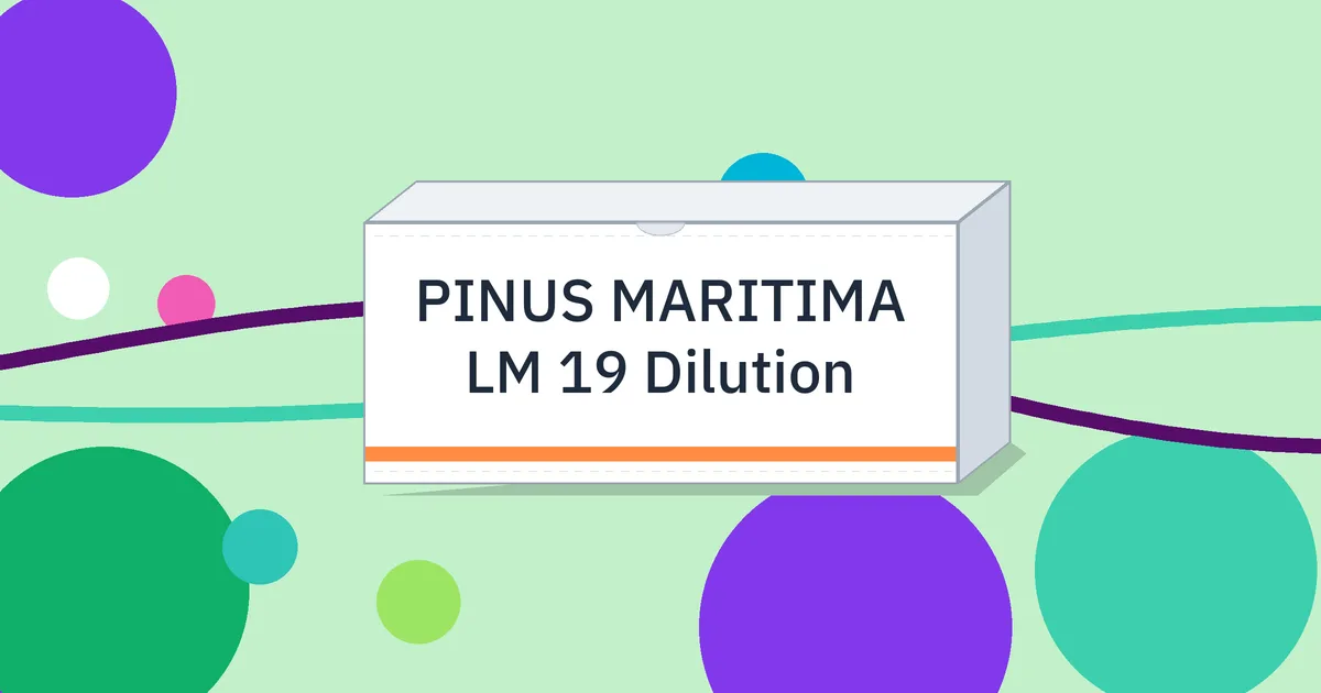 Symbolbild: Packung mit der Aufschrift PINUS MARITIMA LM 19 Dilution (PZN 13644443) – Verfügbarkeit und Bezug in Apotheken in Frankfurt am Main