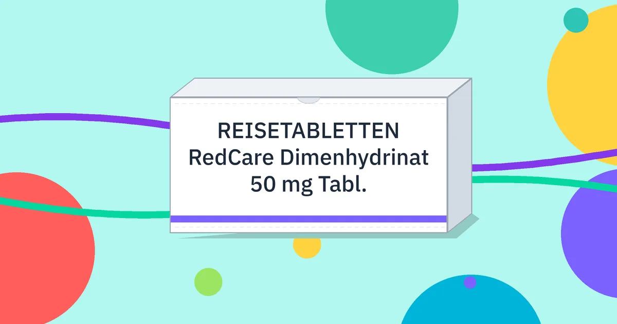 Symbolbild: Packung mit der Aufschrift REISETABLETTEN RedCare Dimenhydrinat 50 mg Tabl. (PZN 16575777) – Verfügbarkeit und Bezug in Apotheken in Frankfurt am Main