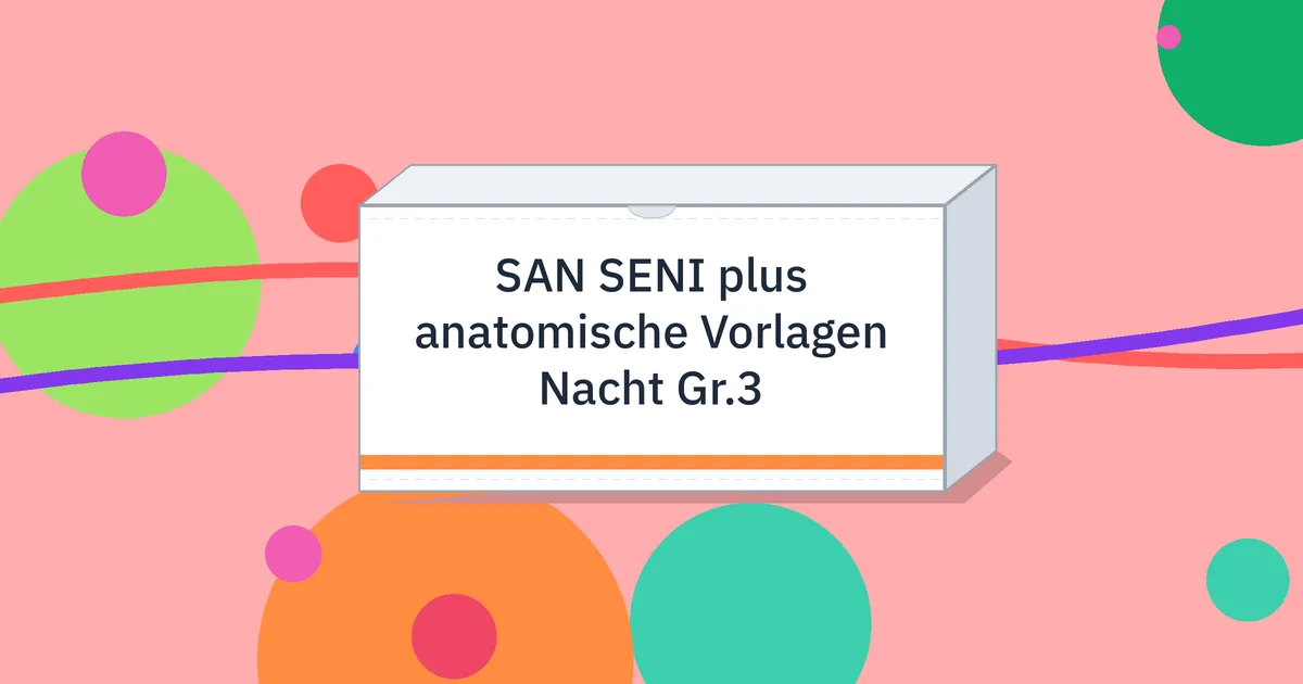 Symbolbild: Packung mit der Aufschrift SAN SENI plus anatomische Vorlagen Nacht Gr.3 (PZN 16327772) – Verfügbarkeit und Bezug in Apotheken in Frankfurt am Main