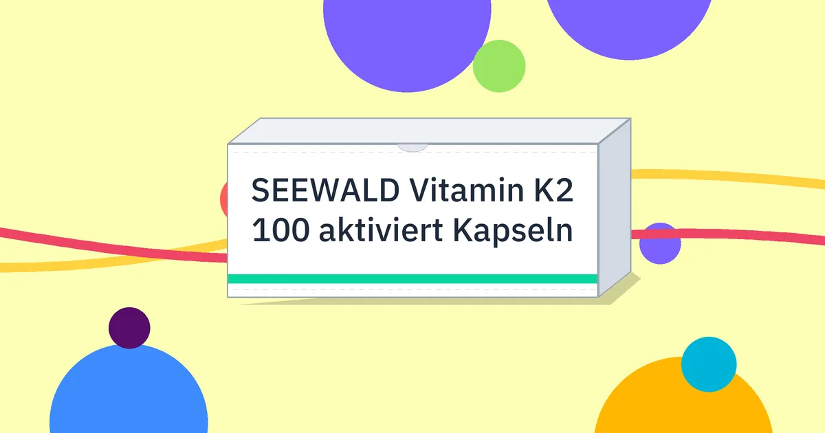 Symbolbild: Packung mit der Aufschrift SEEWALD Vitamin K2 100 aktiviert Kapseln (PZN 19816170) – Verfügbarkeit und Bezug in Apotheken in Frankfurt am Main