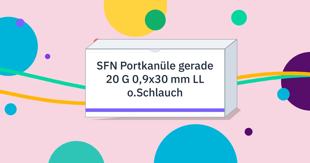Symbolbild: Packung mit der Aufschrift SFN Portkanüle gerade 20 G 0,9x30 mm LL o.Schlauch (PZN 01060286) – Verfügbarkeit und Bezug in Apotheken in Frankfurt am Main