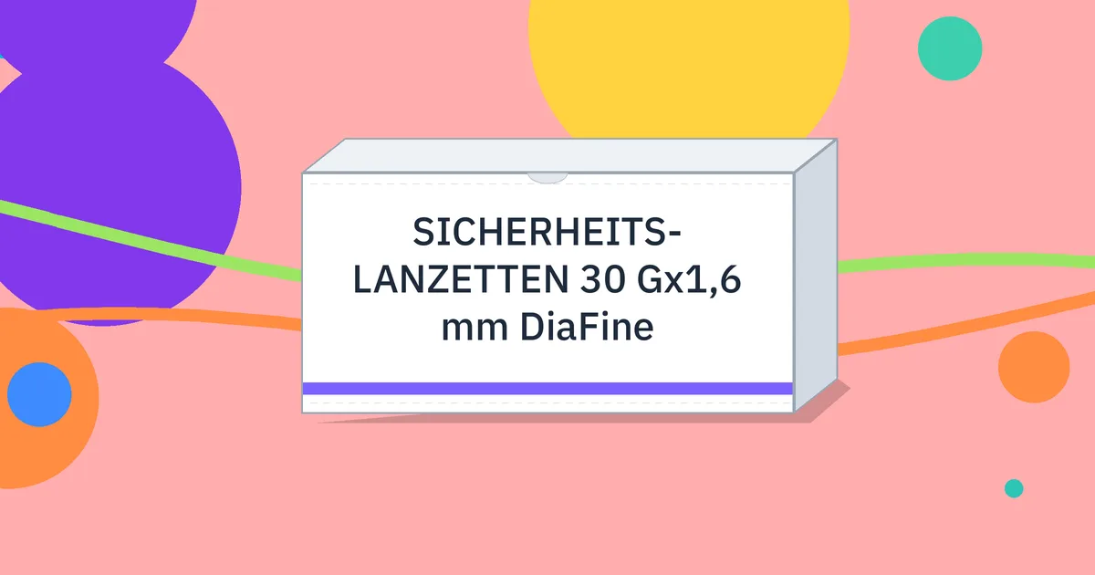 Symbolbild: Packung mit der Aufschrift SICHERHEITS-LANZETTEN 30 Gx1,6 mm DiaFine (PZN 18663480) – Verfügbarkeit und Bezug in Apotheken in Frankfurt am Main