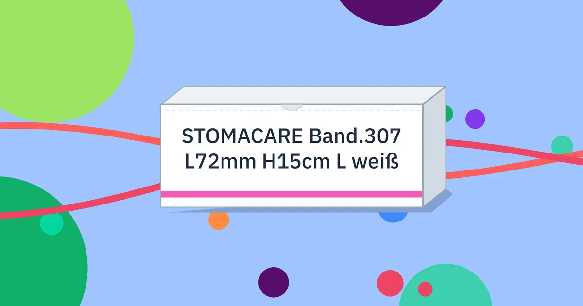 Symbolbild: Packung mit der Aufschrift STOMACARE Band.307 L72mm H15cm L weiß (PZN 07663531) – Verfügbarkeit und Bezug in Apotheken in Frankfurt am Main