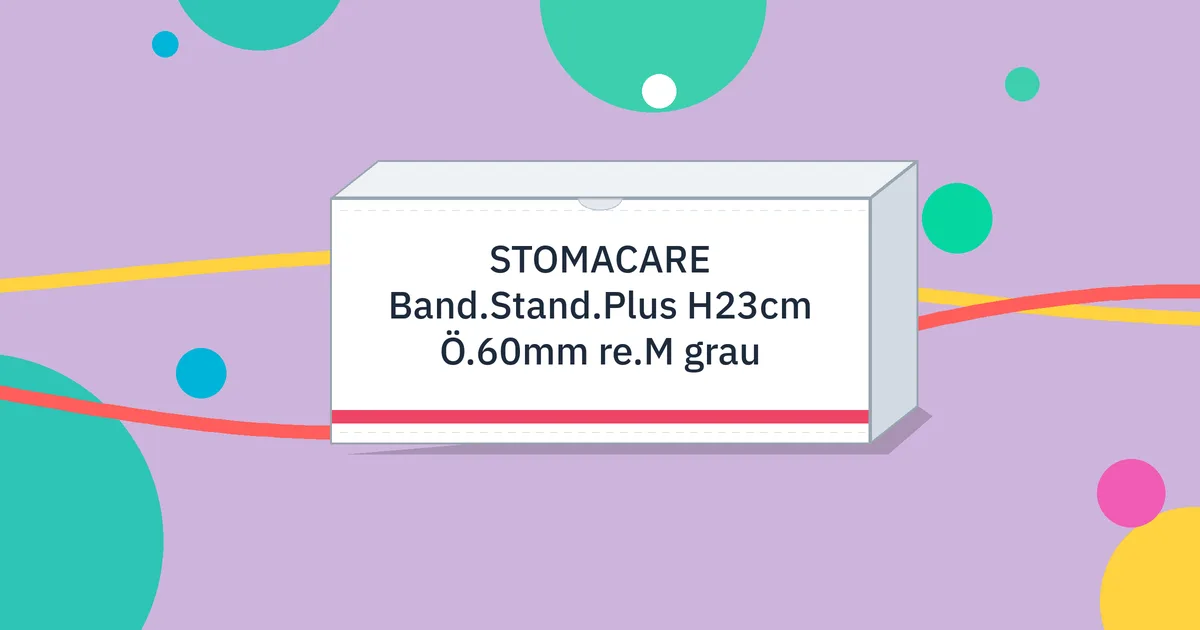 Symbolbild: Packung mit der Aufschrift STOMACARE Band.Stand.Plus H23cm Ö.60mm re.M grau (PZN 16750878) – Verfügbarkeit und Bezug in Apotheken in Frankfurt am Main