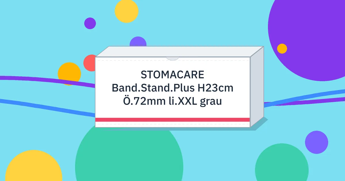 Symbolbild: Packung mit der Aufschrift STOMACARE Band.Stand.Plus H23cm Ö.72mm li.XXL grau (PZN 16751004) – Verfügbarkeit und Bezug in Apotheken in Frankfurt am Main