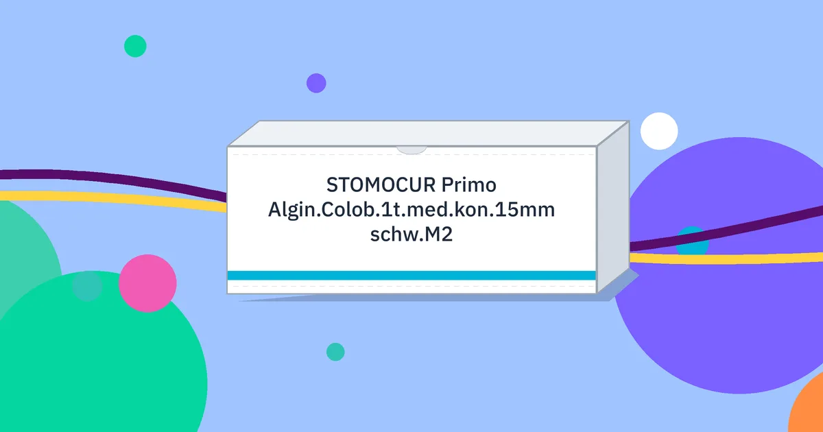 Symbolbild: Packung mit der Aufschrift STOMOCUR Primo Algin.Colob.1t.med.kon.15mm schw.M2 (PZN 19536714) – Verfügbarkeit und Bezug in Apotheken in Frankfurt am Main