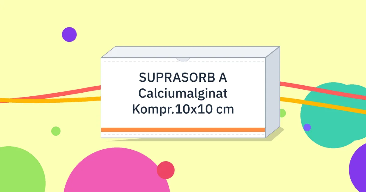 Symbolbild: Packung mit der Aufschrift SUPRASORB A Calciumalginat Kompr.10x10 cm (PZN 17311514) – Verfügbarkeit und Bezug in Apotheken in Frankfurt am Main