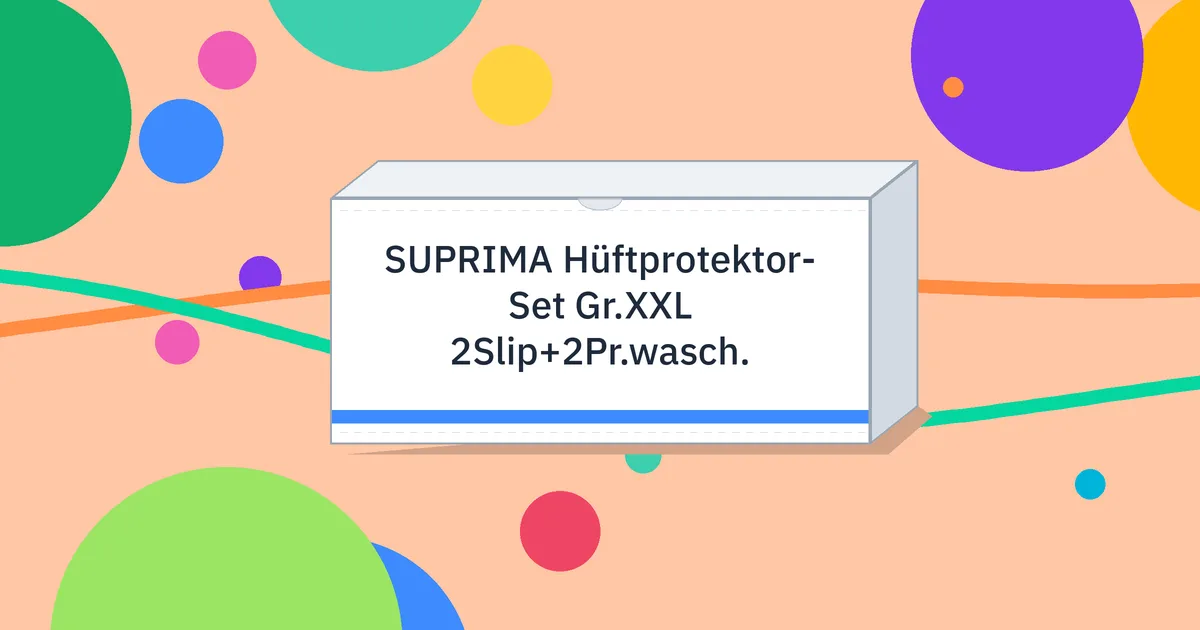 Symbolbild: Packung mit der Aufschrift SUPRIMA Hüftprotektor-Set Gr.XXL 2Slip+2Pr.wasch. (PZN 09784345) – Verfügbarkeit und Bezug in Apotheken in Frankfurt am Main