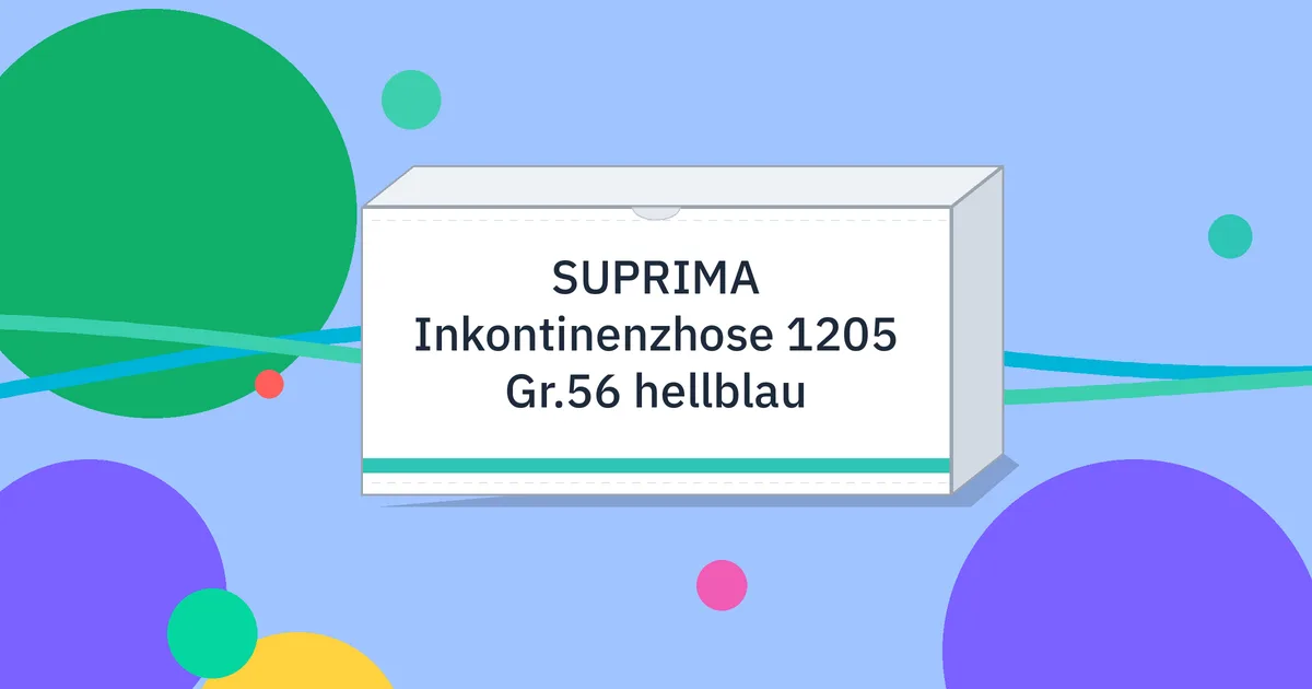 Symbolbild: Packung mit der Aufschrift SUPRIMA Inkontinenzhose 1205 Gr.56 hellblau (PZN 03020641) – Verfügbarkeit und Bezug in Apotheken in Frankfurt am Main