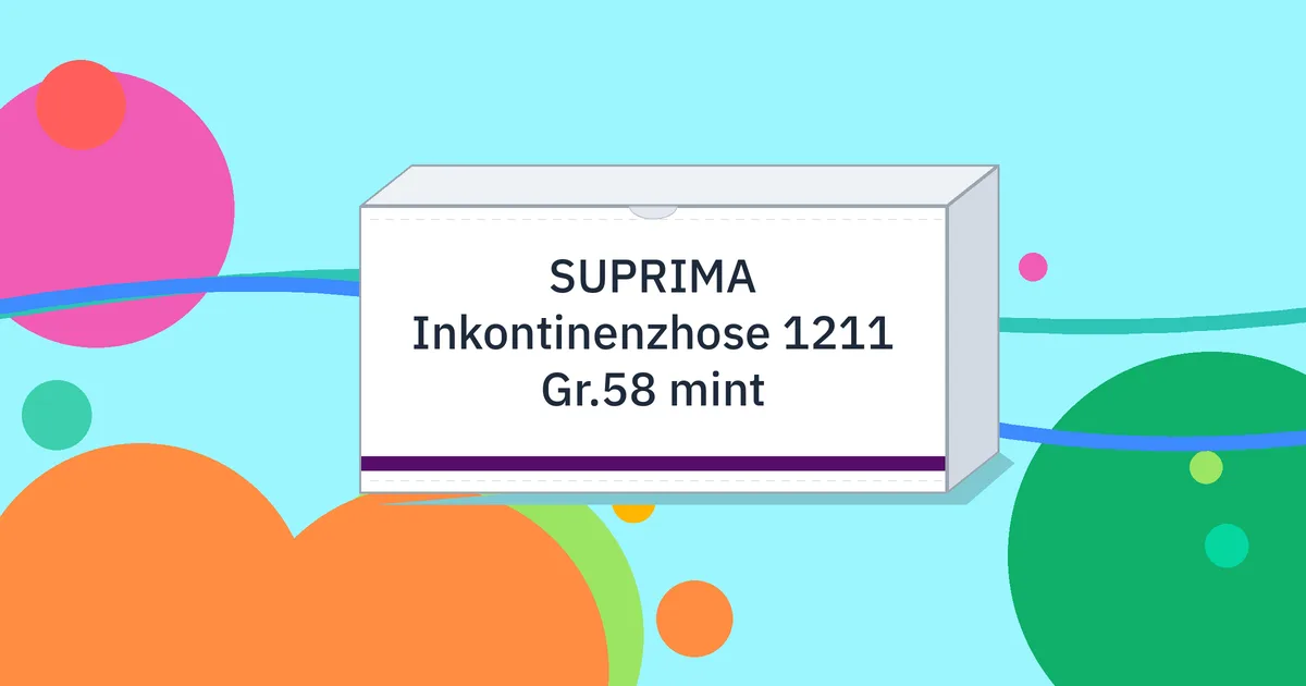 Symbolbild: Packung mit der Aufschrift SUPRIMA Inkontinenzhose 1211 Gr.58 mint (PZN 07633091) – Verfügbarkeit und Bezug in Apotheken in Frankfurt am Main