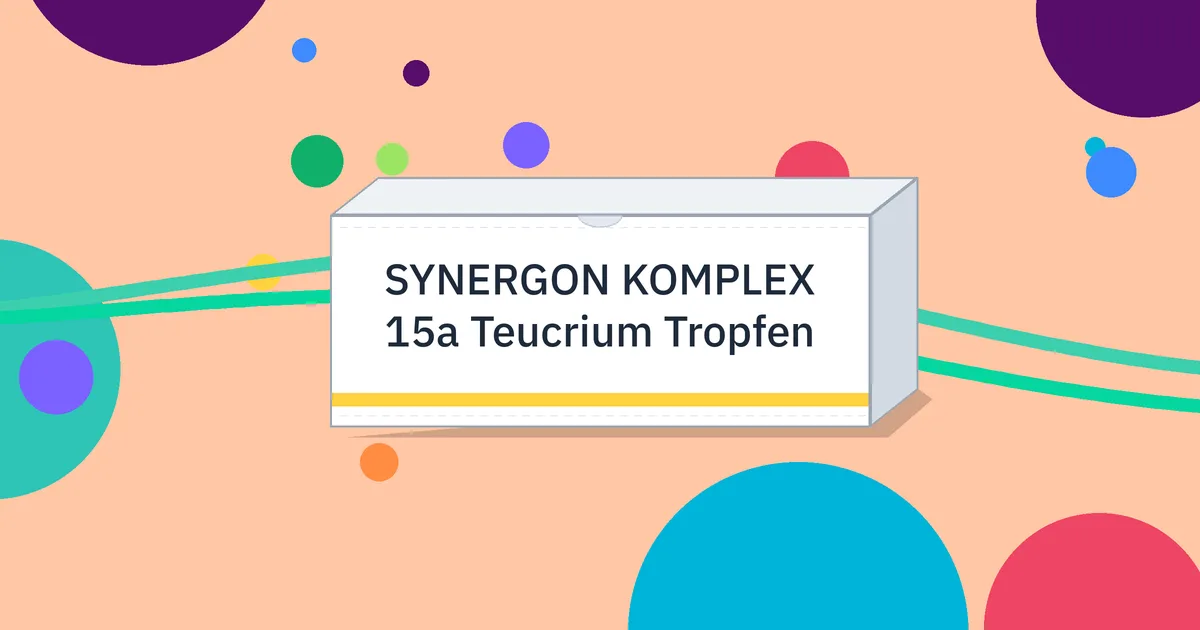 Symbolbild: Packung mit der Aufschrift SYNERGON KOMPLEX 15a Teucrium Tropfen (PZN 14190352) – Verfügbarkeit und Bezug in Apotheken in Frankfurt am Main