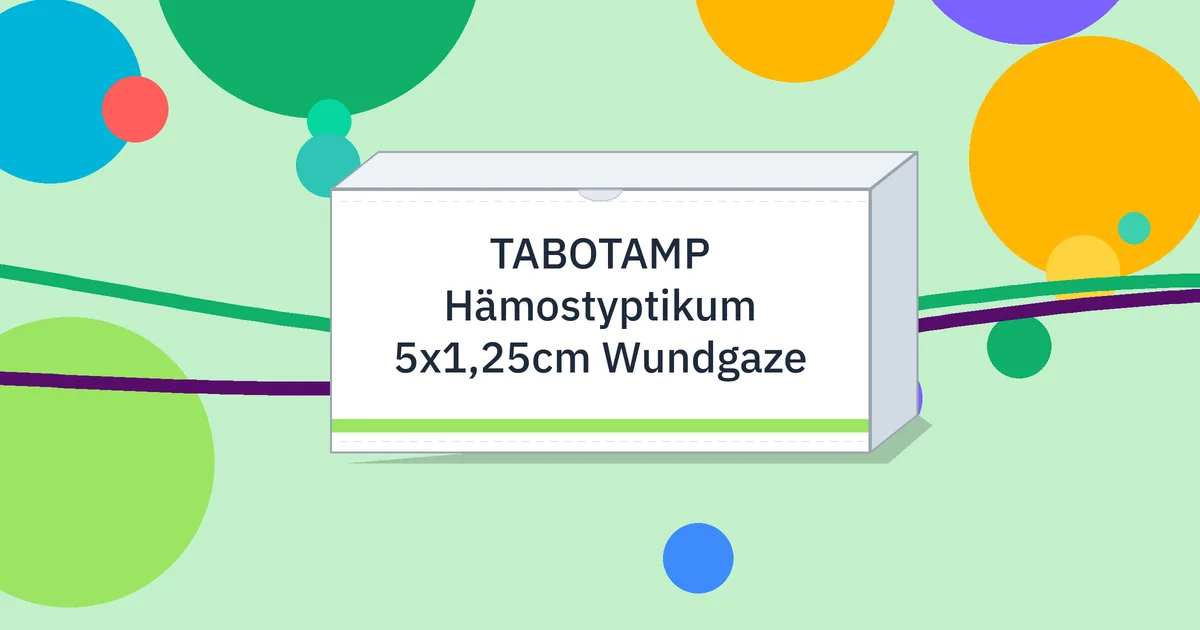 Symbolbild: Packung mit der Aufschrift TABOTAMP Hämostyptikum 5x1,25cm Wundgaze (PZN 03885507) – Verfügbarkeit und Bezug in Apotheken in Frankfurt am Main