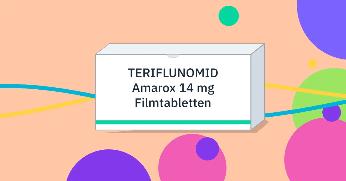 Symbolbild: Packung mit der Aufschrift TERIFLUNOMID Amarox 14 mg Filmtabletten (PZN 19170578) – Verfügbarkeit und Bezug in Apotheken in Frankfurt am Main