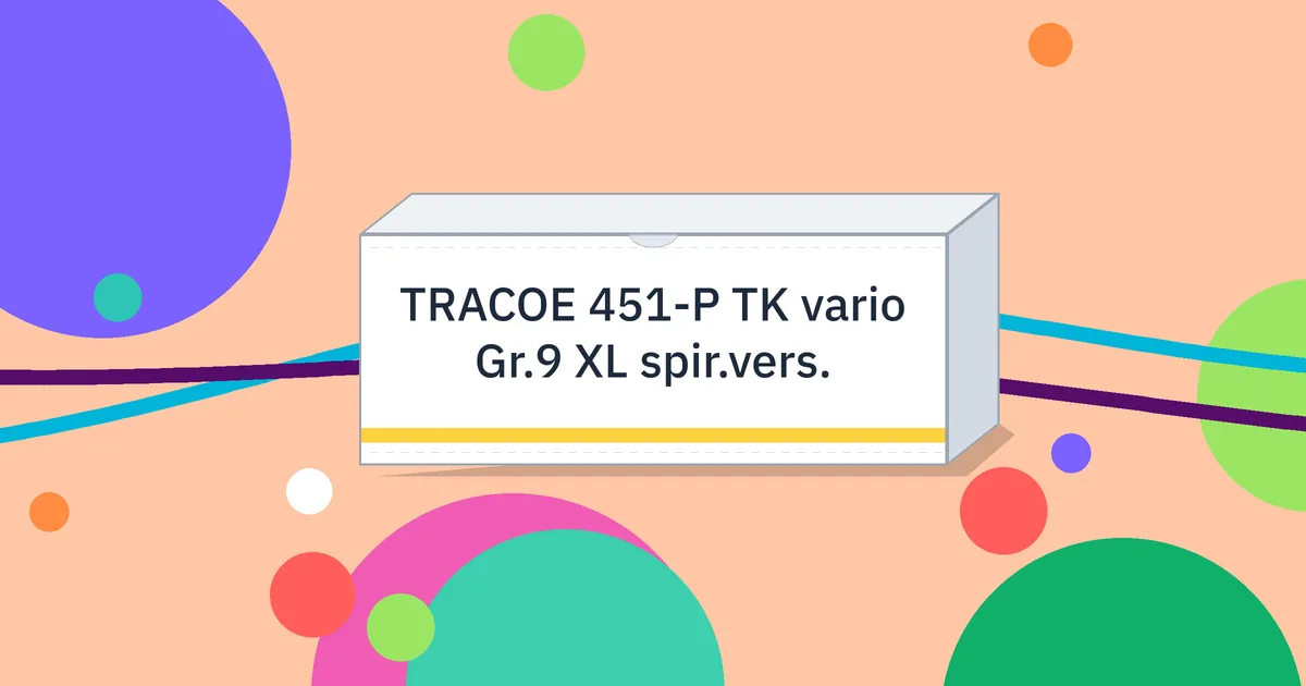 Symbolbild: Packung mit der Aufschrift TRACOE 451-P TK vario Gr.9 XL spir.vers. (PZN 06939669) – Verfügbarkeit und Bezug in Apotheken in Frankfurt am Main