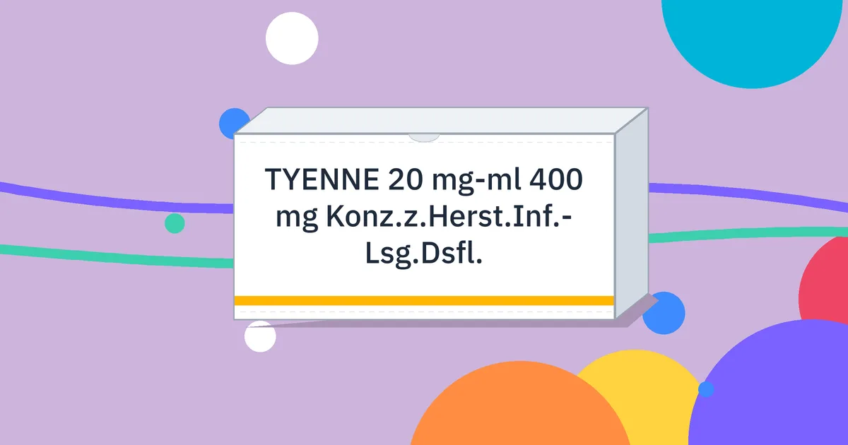 Symbolbild: Packung mit der Aufschrift TYENNE 20 mg-ml 400 mg Konz.z.Herst.Inf.-Lsg.Dsfl. (PZN 19836066) – Verfügbarkeit und Bezug in Apotheken in Frankfurt am Main