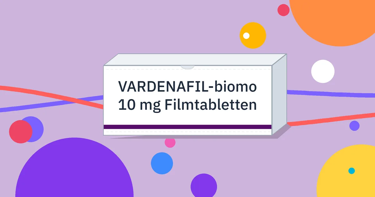 Symbolbild: Packung mit der Aufschrift VARDENAFIL-biomo 10 mg Filmtabletten (PZN 14413177) – Verfügbarkeit und Bezug in Apotheken in Frankfurt am Main
