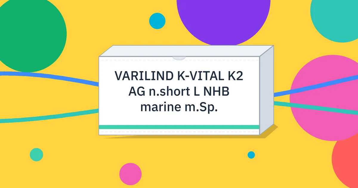 Symbolbild: Packung mit der Aufschrift VARILIND K-VITAL K2 AG n.short L NHB marine m.Sp. (PZN 20564615) – Verfügbarkeit und Bezug in Apotheken in Frankfurt am Main