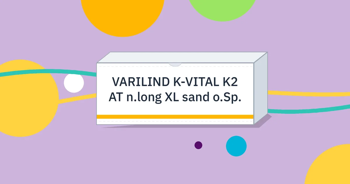 Symbolbild: Packung mit der Aufschrift VARILIND K-VITAL K2 AT n.long XL sand o.Sp. (PZN 20561373) – Verfügbarkeit und Bezug in Apotheken in Frankfurt am Main