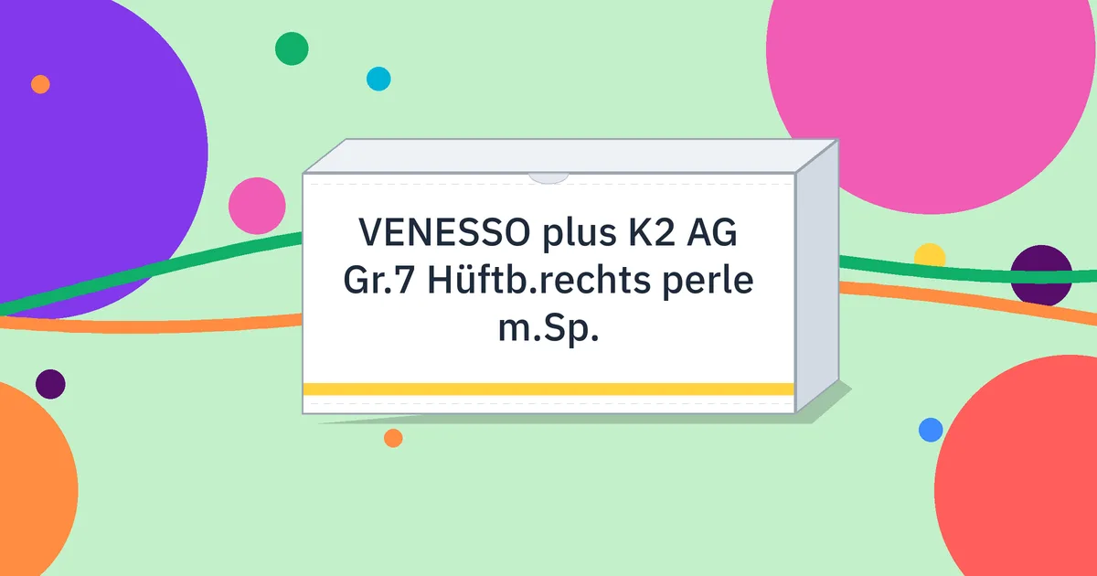 Symbolbild: Packung mit der Aufschrift VENESSO plus K2 AG Gr.7 Hüftb.rechts perle m.Sp. (PZN 03304344) – Verfügbarkeit und Bezug in Apotheken in Frankfurt am Main