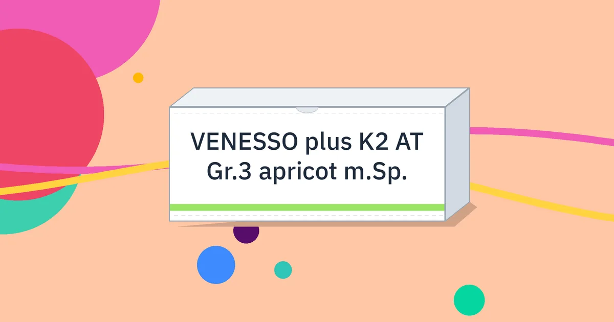 Symbolbild: Packung mit der Aufschrift VENESSO plus K2 AT Gr.3 apricot m.Sp. (PZN 03286020) – Verfügbarkeit und Bezug in Apotheken in Frankfurt am Main