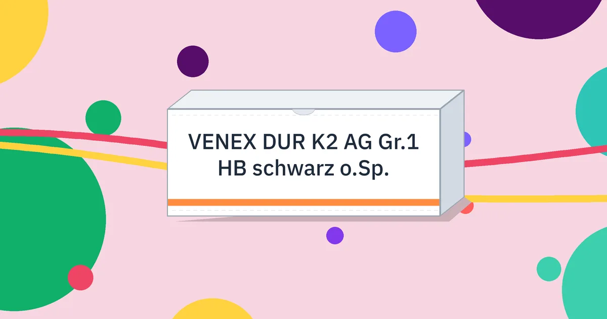 Symbolbild: Packung mit der Aufschrift VENEX DUR K2 AG Gr.1 HB schwarz o.Sp. (PZN 03221339) – Verfügbarkeit und Bezug in Apotheken in Frankfurt am Main