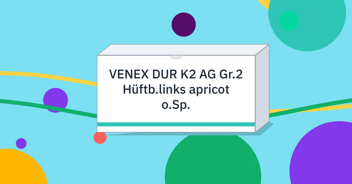 Symbolbild: Packung mit der Aufschrift VENEX DUR K2 AG Gr.2 Hüftb.links apricot o.Sp. (PZN 03229921) – Verfügbarkeit und Bezug in Apotheken in Frankfurt am Main