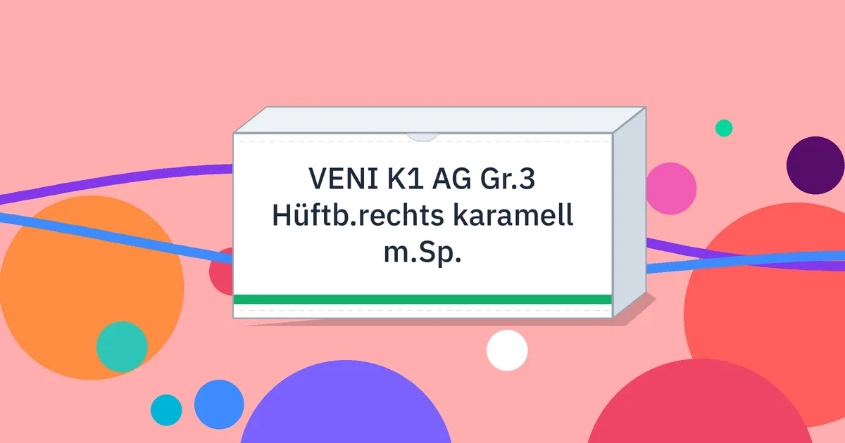 Symbolbild: Packung mit der Aufschrift VENI K1 AG Gr.3 Hüftb.rechts karamell m.Sp. (PZN 13760008) – Verfügbarkeit und Bezug in Apotheken in Frankfurt am Main