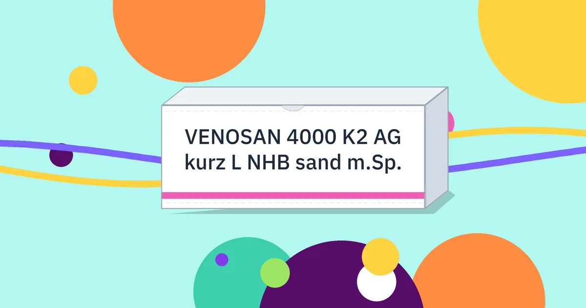 Symbolbild: Packung mit der Aufschrift VENOSAN 4000 K2 AG kurz L NHB sand m.Sp. (PZN 14422880) – Verfügbarkeit und Bezug in Apotheken in Frankfurt am Main