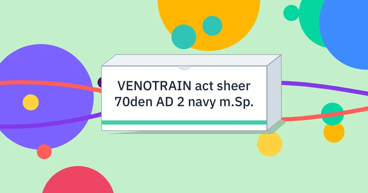 Symbolbild: Packung mit der Aufschrift VENOTRAIN act sheer 70den AD 2 navy m.Sp. (PZN 16208754) – Verfügbarkeit und Bezug in Apotheken in Frankfurt am Main