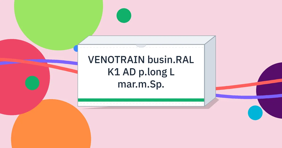 Symbolbild: Packung mit der Aufschrift VENOTRAIN busin.RAL K1 AD p.long L mar.m.Sp. (PZN 06948390) – Verfügbarkeit und Bezug in Apotheken in Frankfurt am Main