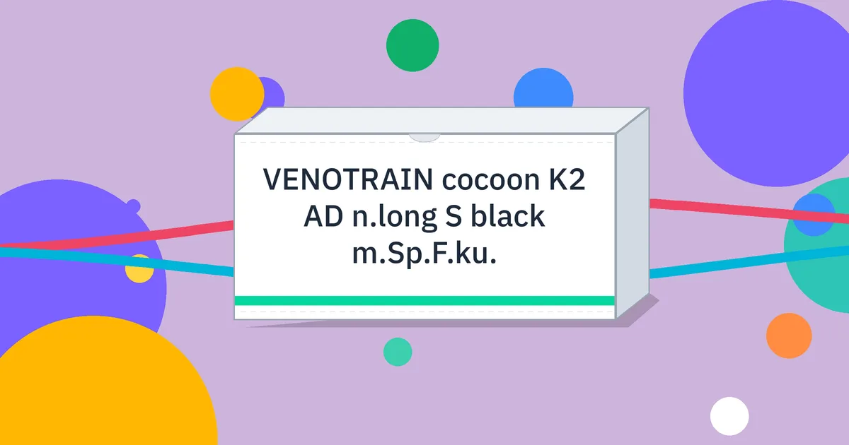 Symbolbild: Packung mit der Aufschrift VENOTRAIN cocoon K2 AD n.long S black m.Sp.F.ku. (PZN 14401702) – Verfügbarkeit und Bezug in Apotheken in Frankfurt am Main