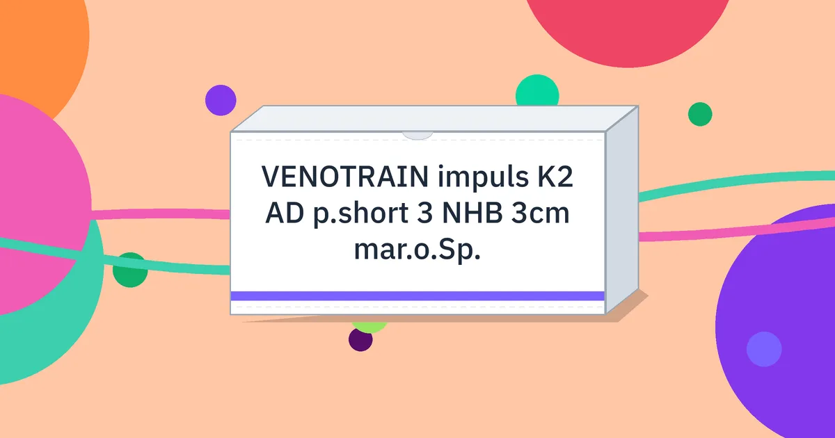 Symbolbild: Packung mit der Aufschrift VENOTRAIN impuls K2 AD p.short 3 NHB 3cm mar.o.Sp. (PZN 15223898) – Verfügbarkeit und Bezug in Apotheken in Frankfurt am Main