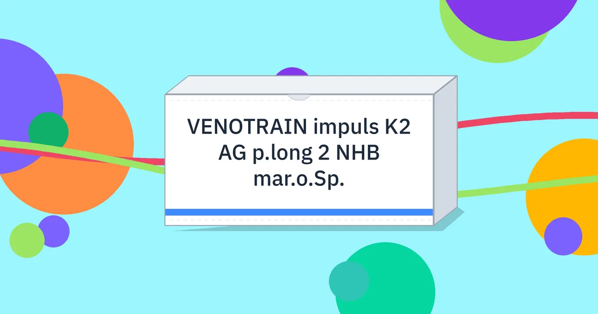 Symbolbild: Packung mit der Aufschrift VENOTRAIN impuls K2 AG p.long 2 NHB mar.o.Sp. (PZN 15214534) – Verfügbarkeit und Bezug in Apotheken in Frankfurt am Main