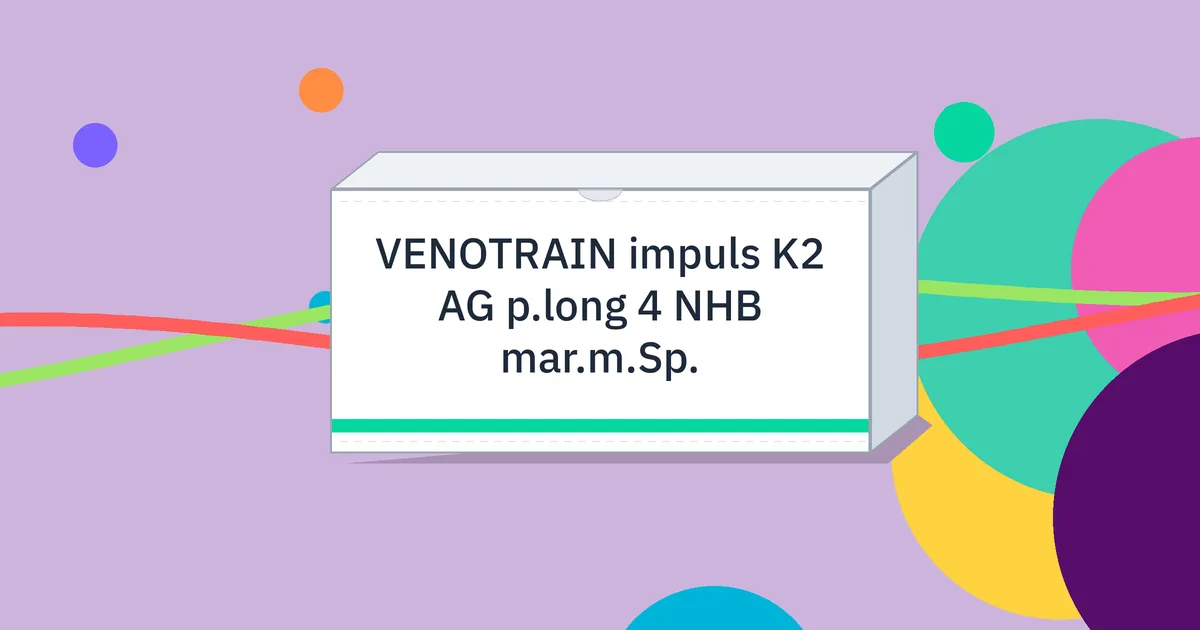 Symbolbild: Packung mit der Aufschrift VENOTRAIN impuls K2 AG p.long 4 NHB mar.m.Sp. (PZN 15214250) – Verfügbarkeit und Bezug in Apotheken in Frankfurt am Main
