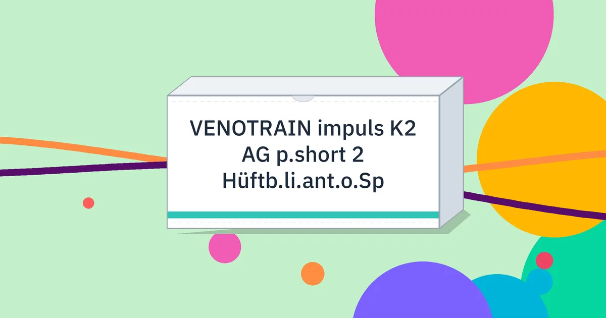 Symbolbild: Packung mit der Aufschrift VENOTRAIN impuls K2 AG p.short 2 Hüftb.li.ant.o.Sp (PZN 15219750) – Verfügbarkeit und Bezug in Apotheken in Frankfurt am Main