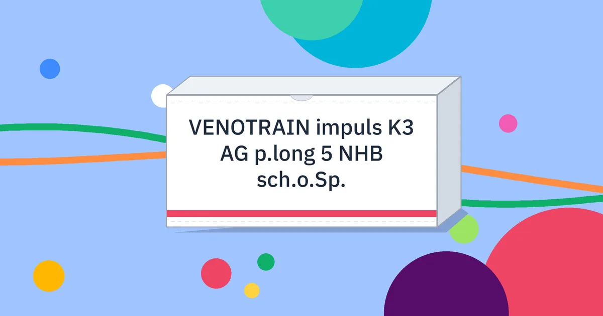 Symbolbild: Packung mit der Aufschrift VENOTRAIN impuls K3 AG p.long 5 NHB sch.o.Sp. (PZN 00542936) – Verfügbarkeit und Bezug in Apotheken in Frankfurt am Main