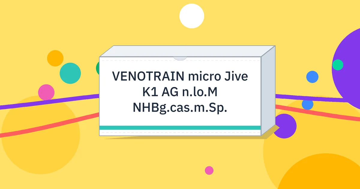 Symbolbild: Packung mit der Aufschrift VENOTRAIN micro Jive K1 AG n.lo.M NHBg.cas.m.Sp. (PZN 20766690) – Verfügbarkeit und Bezug in Apotheken in Frankfurt am Main