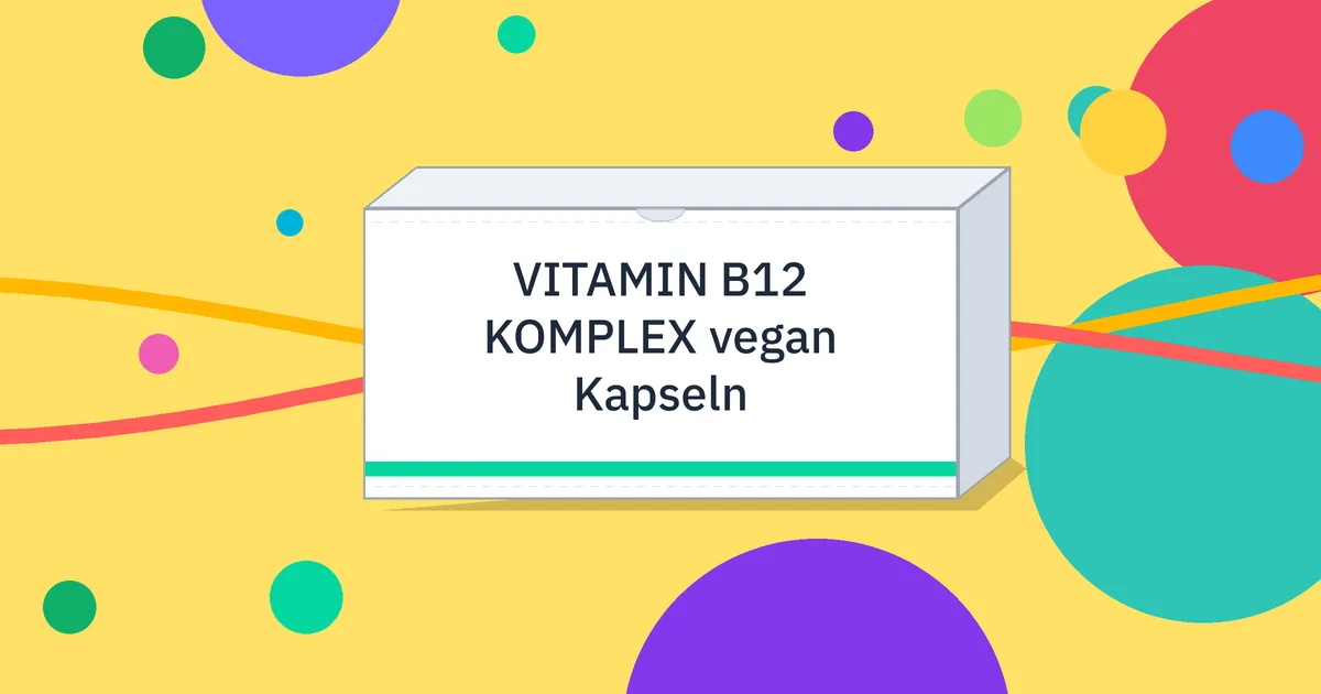 Symbolbild: Packung mit der Aufschrift VITAMIN B12 KOMPLEX vegan Kapseln (PZN 16795935) – Verfügbarkeit und Bezug in Apotheken in Frankfurt am Main