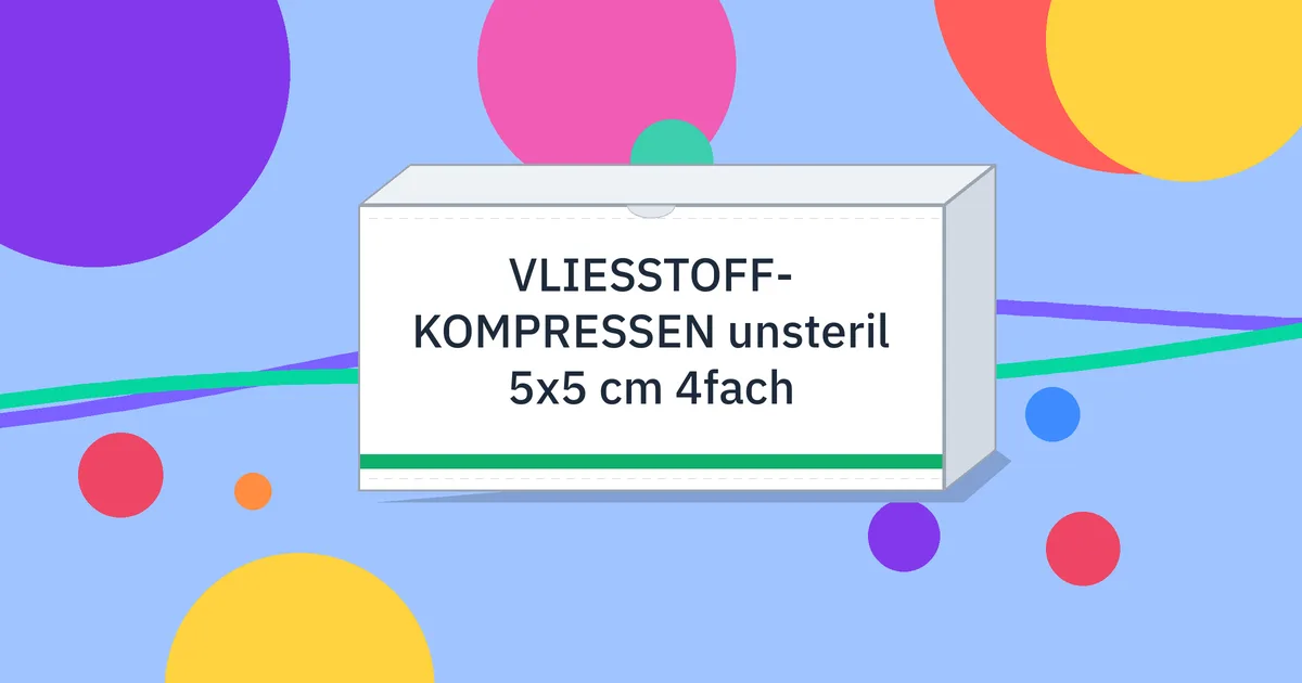 Symbolbild: Packung mit der Aufschrift VLIESSTOFF-KOMPRESSEN unsteril 5x5 cm 4fach (PZN 04892811) – Verfügbarkeit und Bezug in Apotheken in Frankfurt am Main
