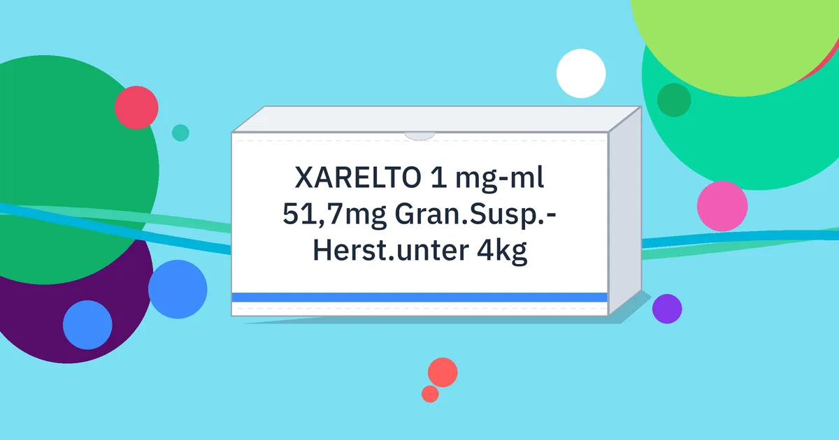 Symbolbild: Packung mit der Aufschrift XARELTO 1 mg-ml 51,7mg Gran.Susp.-Herst.unter 4kg (PZN 19551955) – Verfügbarkeit und Bezug in Apotheken in Frankfurt am Main