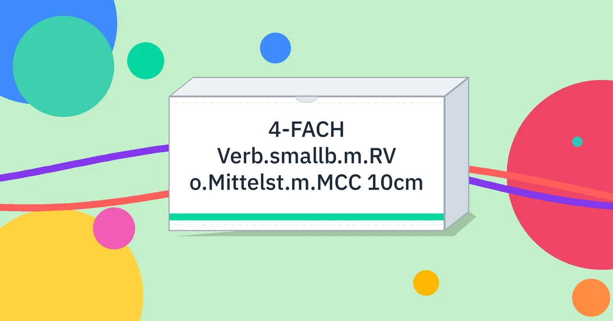 Symbolbild: Packung mit der Aufschrift 4-FACH Verb.smallb.m.RV o.Mittelst.m.MCC 10cm (PZN 18499460) – Verfügbarkeit und Bezug in Apotheken in Frankfurt am Main