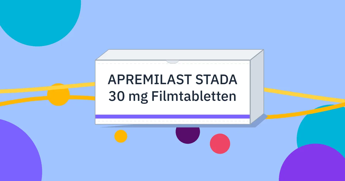 Symbolbild: Packung mit der Aufschrift APREMILAST STADA 30 mg Filmtabletten (PZN 19495375) – Verfügbarkeit und Bezug in Apotheken in Frankfurt am Main