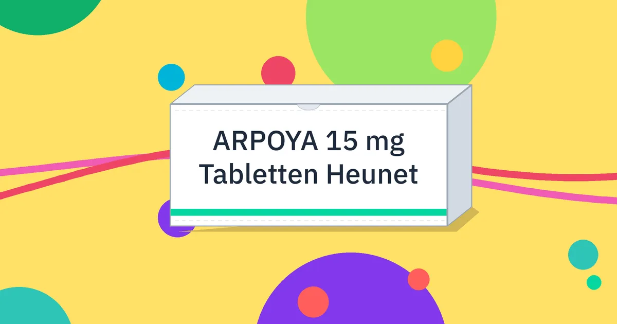 Symbolbild: Packung mit der Aufschrift ARPOYA 15 mg Tabletten Heunet (PZN 13876923) – Verfügbarkeit und Bezug in Apotheken in Frankfurt am Main