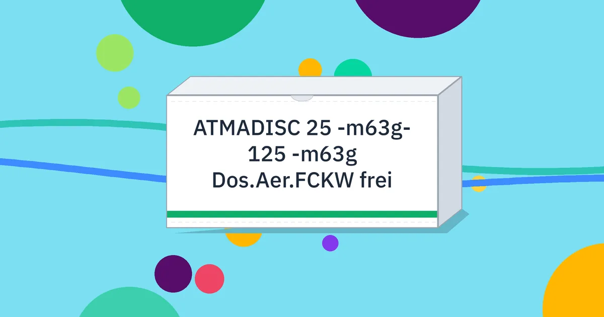 Symbolbild: Packung mit der Aufschrift ATMADISC 25 -m63g-125 -m63g Dos.Aer.FCKW frei (PZN 01474237) – Verfügbarkeit und Bezug in Apotheken in Frankfurt am Main