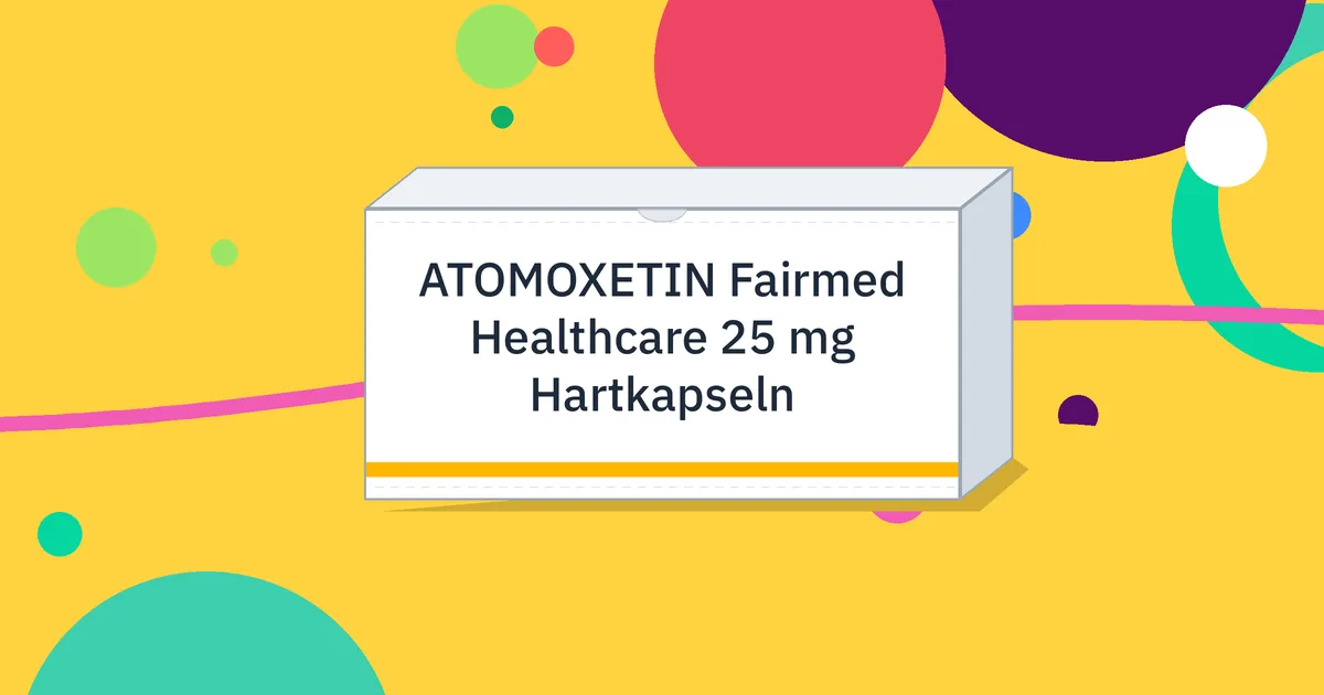 Symbolbild: Packung mit der Aufschrift ATOMOXETIN Fairmed Healthcare 25 mg Hartkapseln (PZN 16581482) – Verfügbarkeit und Bezug in Apotheken in Frankfurt am Main