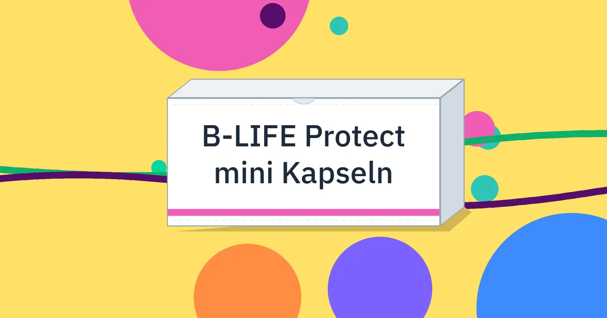 Symbolbild: Packung mit der Aufschrift B-LIFE Protect mini Kapseln (PZN 19819582) – Verfügbarkeit und Bezug in Apotheken in Frankfurt am Main