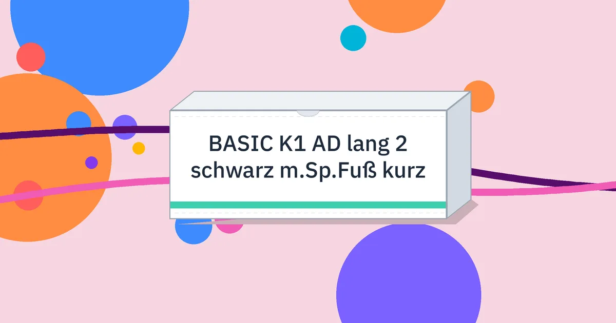 Symbolbild: Packung mit der Aufschrift BASIC K1 AD lang 2 schwarz m.Sp.Fuß kurz (PZN 20257273) – Verfügbarkeit und Bezug in Apotheken in Frankfurt am Main