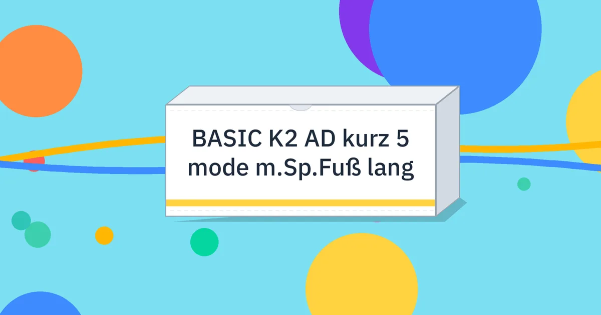 Symbolbild: Packung mit der Aufschrift BASIC K2 AD kurz 5 mode m.Sp.Fuß lang (PZN 20265516) – Verfügbarkeit und Bezug in Apotheken in Frankfurt am Main